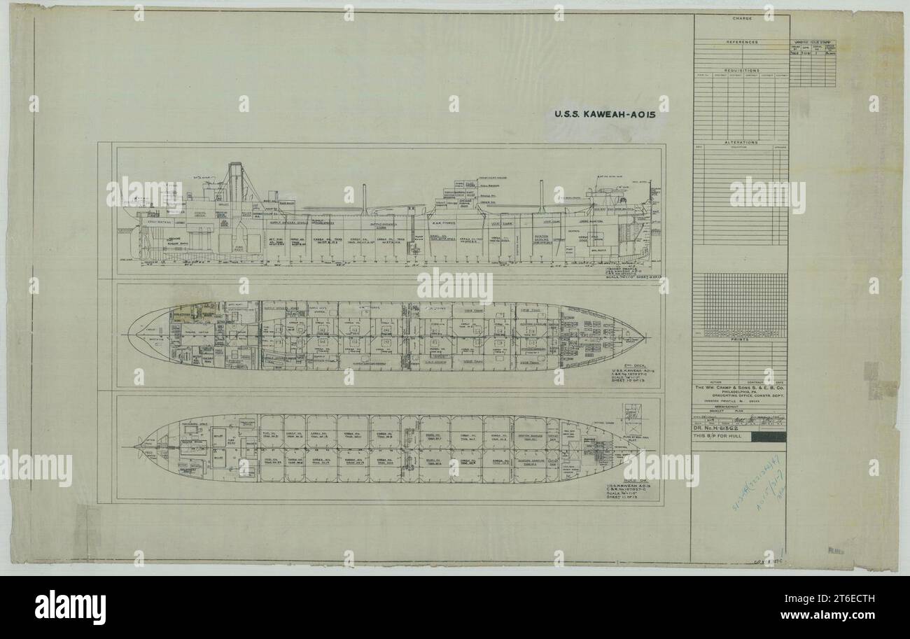 USS Kaweah (AO-15)- Inboard Profile; 2nd Deck; Hold Deck Stock Photo ...
