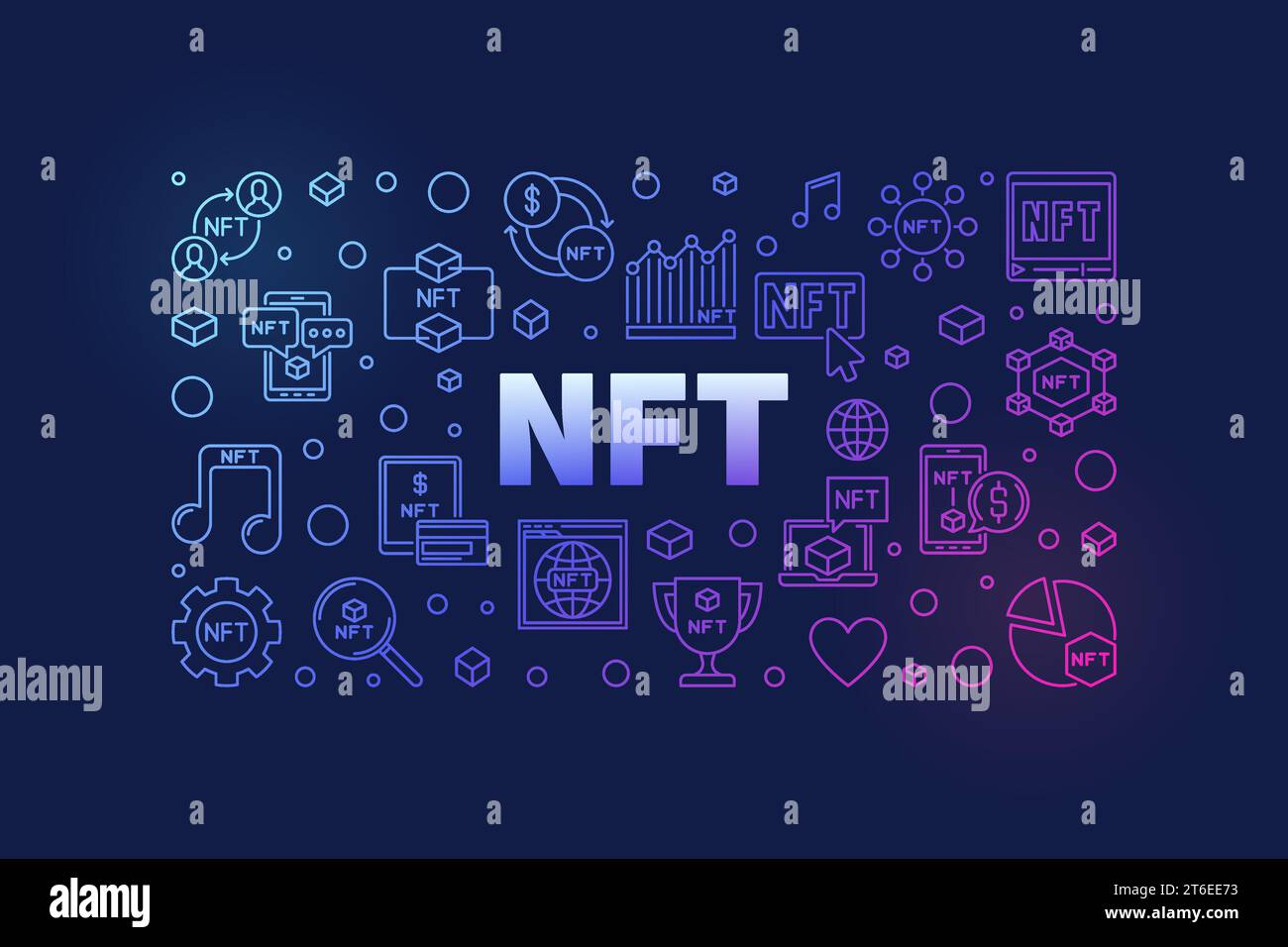 NFT Cryptocurrency and Blockchain concept colored horizontal banner ...