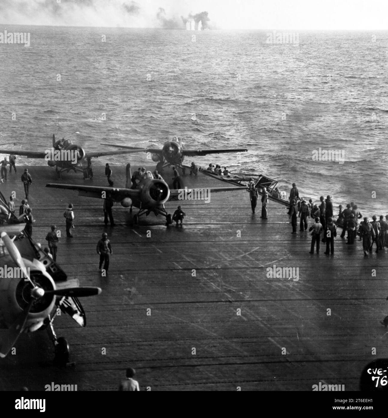 USS Kitkun Bay (CVE-71) prepares to launch Grumman FM-2 Wildcats of VC ...