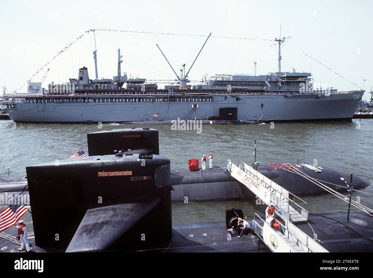 USS L.Y. Spear (AS-36) with submarines at Norfolk 1984 Stock Photo - Alamy