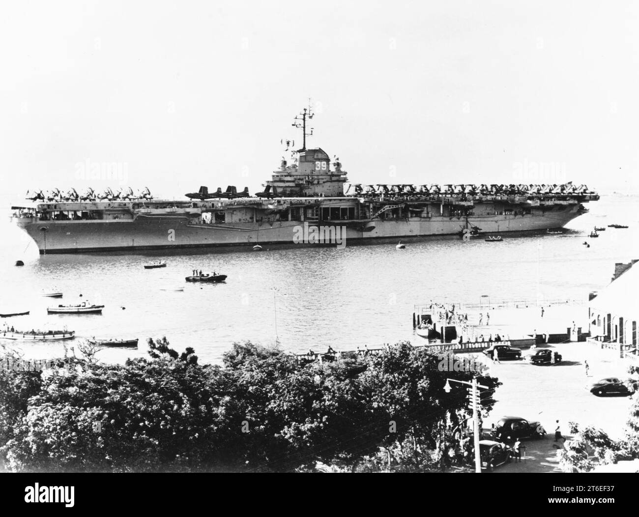 USS Lake Champlain (CVA-39) at anchor in Aden harbour, 18 May 1953 ...