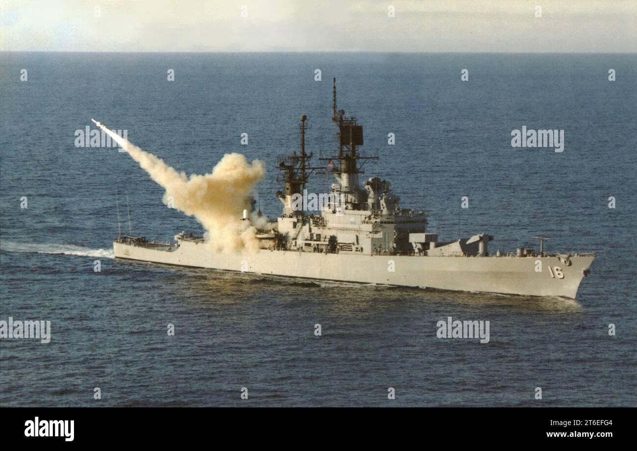 USS Leahy (CG-16) launches a RGM-84 Harpoon missile, in 1983 Stock ...