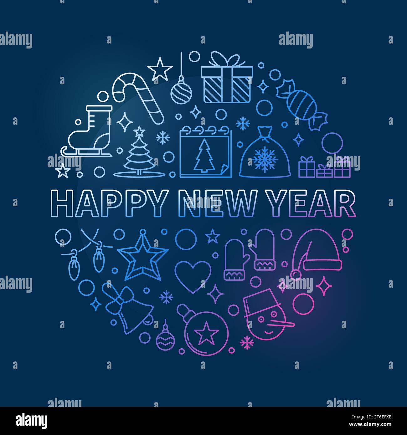 Happy New Year Greeting Card with round outline blue design. Vector ...