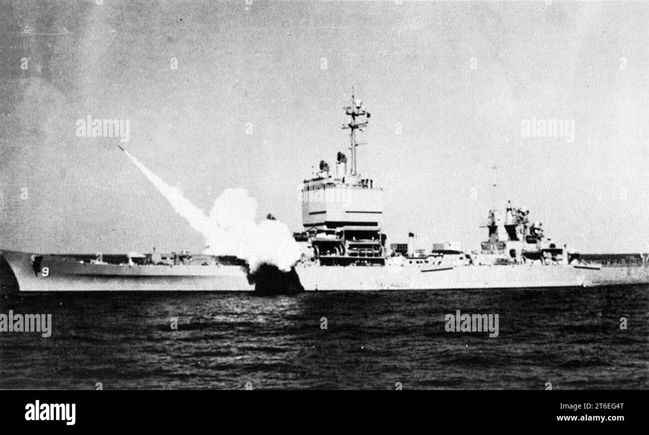 USS Long Beach (CGN-9) firing a Terrier missile, circa in October 1961 ...