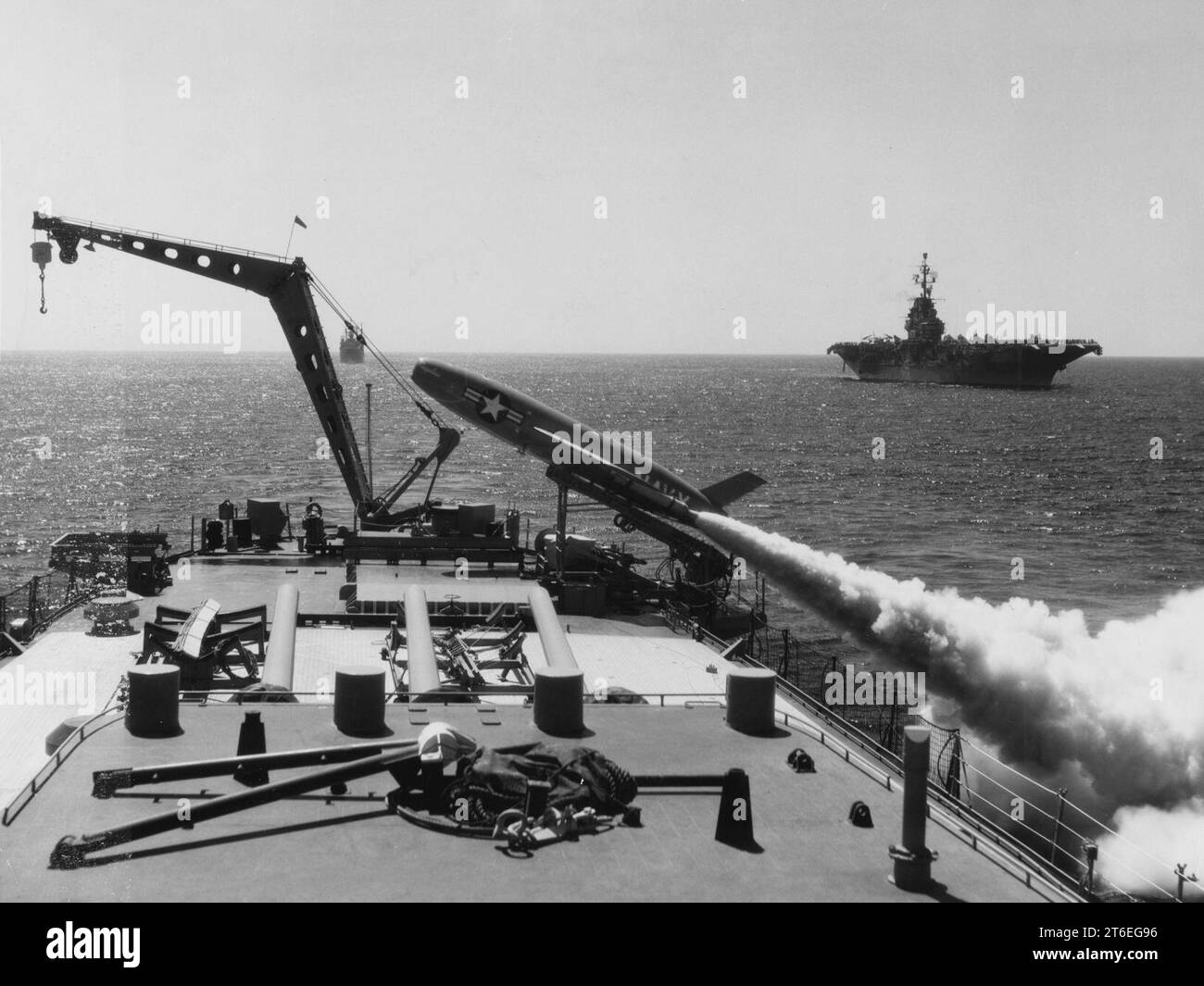 USS Los Angeles (CA-135) firing a Regulus I missile on 7 August 1957 ...