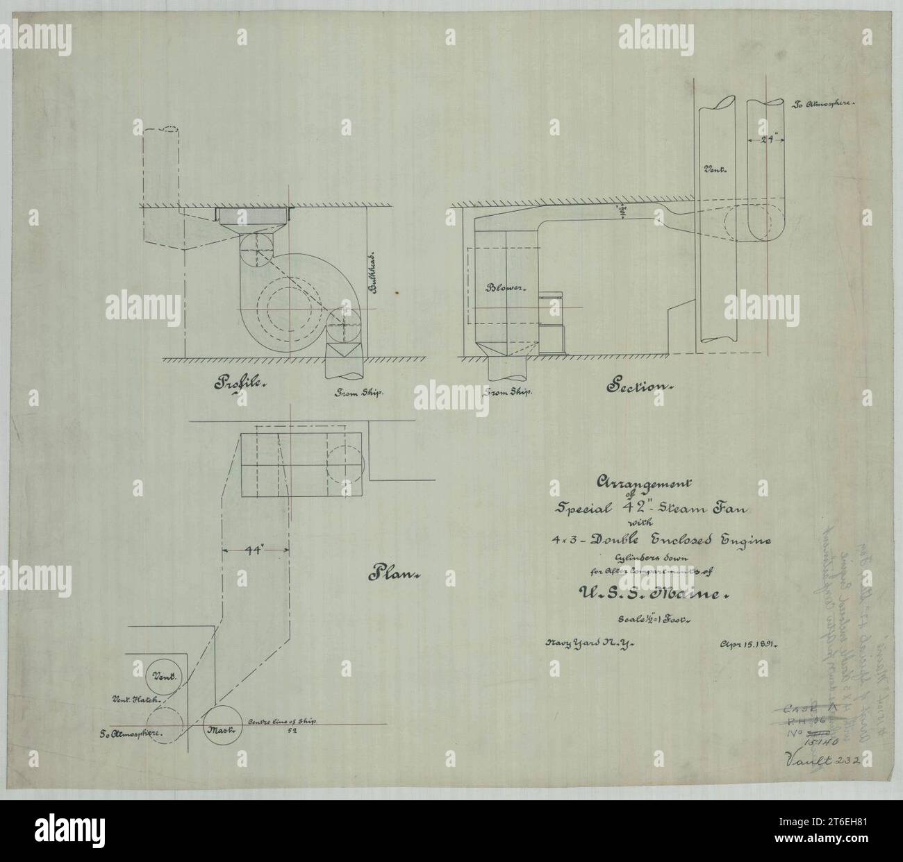 USS Maine (ACR-1)- Arrangement of Special 42''-Steam Fan with 4 x 3 ...