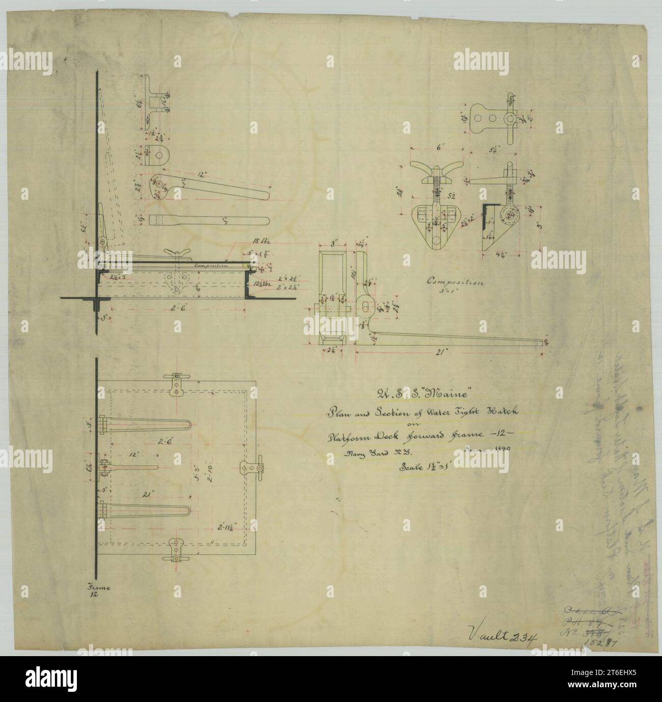 USS Maine (ACR-1)- Plan and Section of Water Tight Hatch on Platform ...