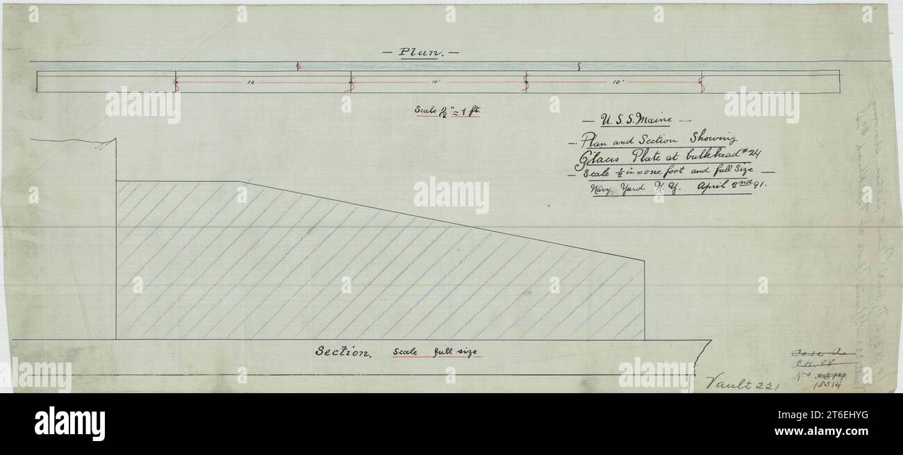 USS Maine (ACR-1)- Plan and Section Showing Glacis Plate at bulkhead ...