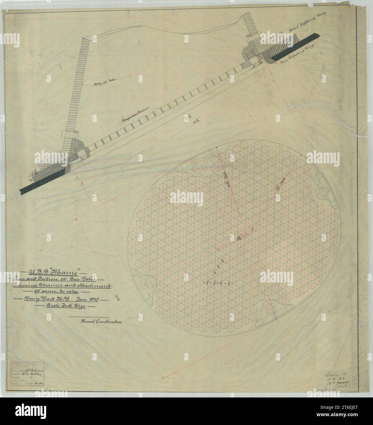 USS Maine (ACR-1)- Plan and Section of Sea Valve, Showing Strainer and ...