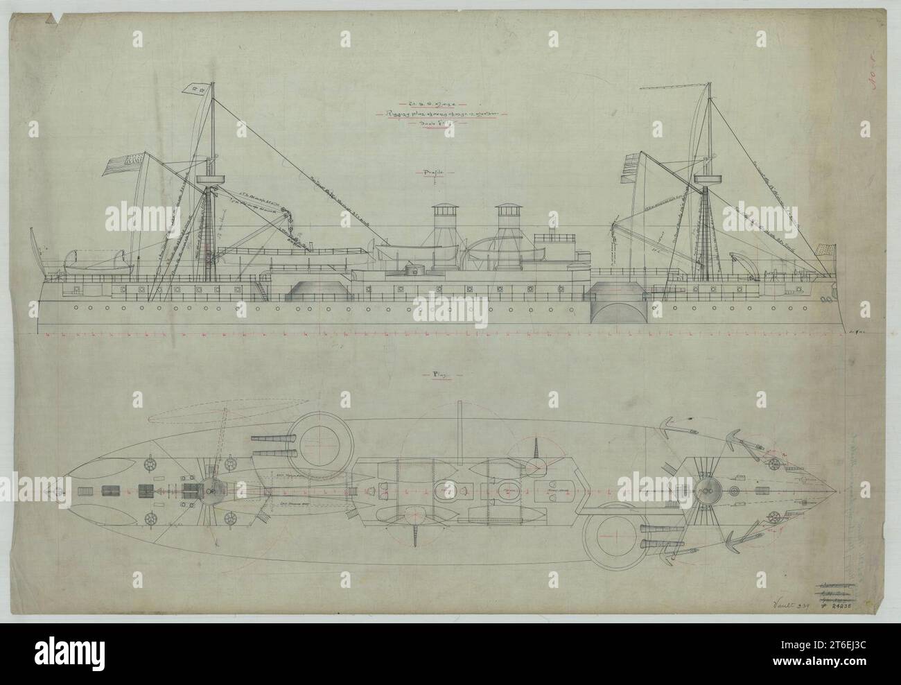 USS Maine (ACR-1)- Rigging Plan Showing Change in Masts etc Stock Photo ...