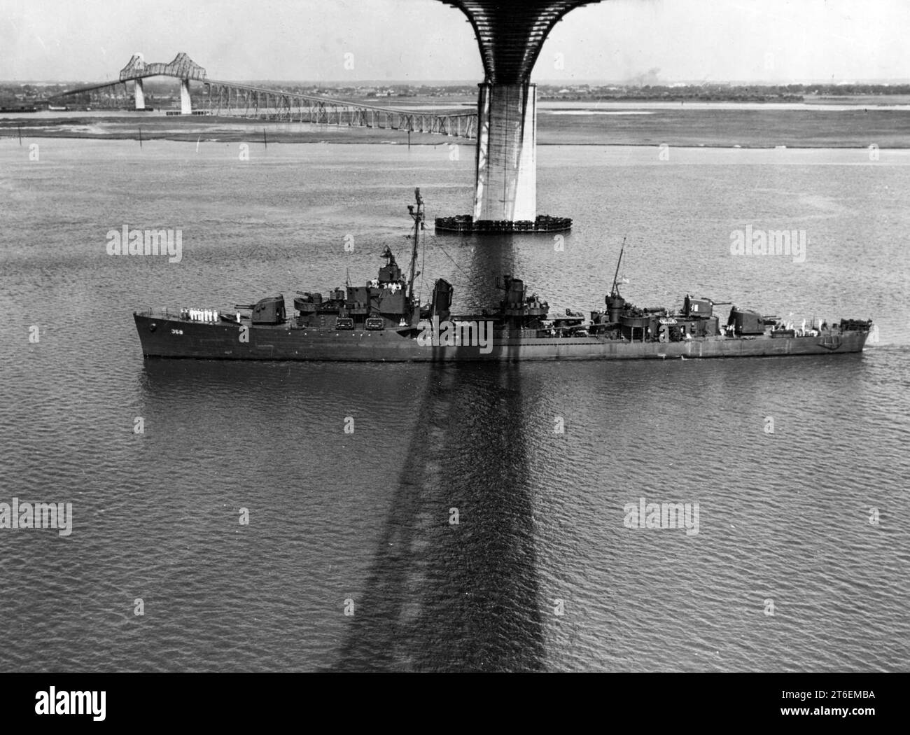 USS McDougal (DD-358) passing under the Cooper River Bridge, Charleston ...