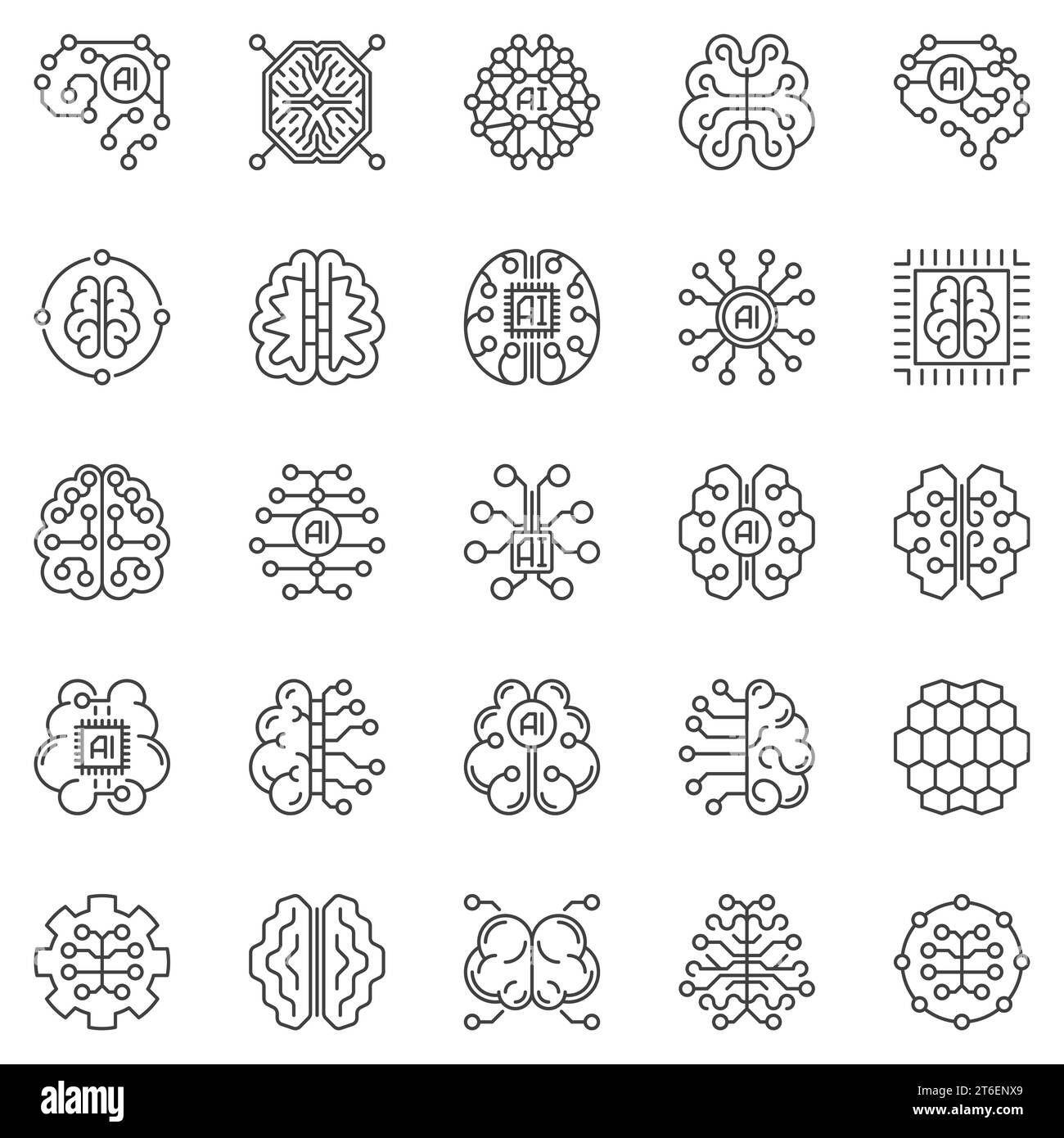 AI Digital Brain outline icons set - vector Artificial Intelligence concept linear symbols or ...