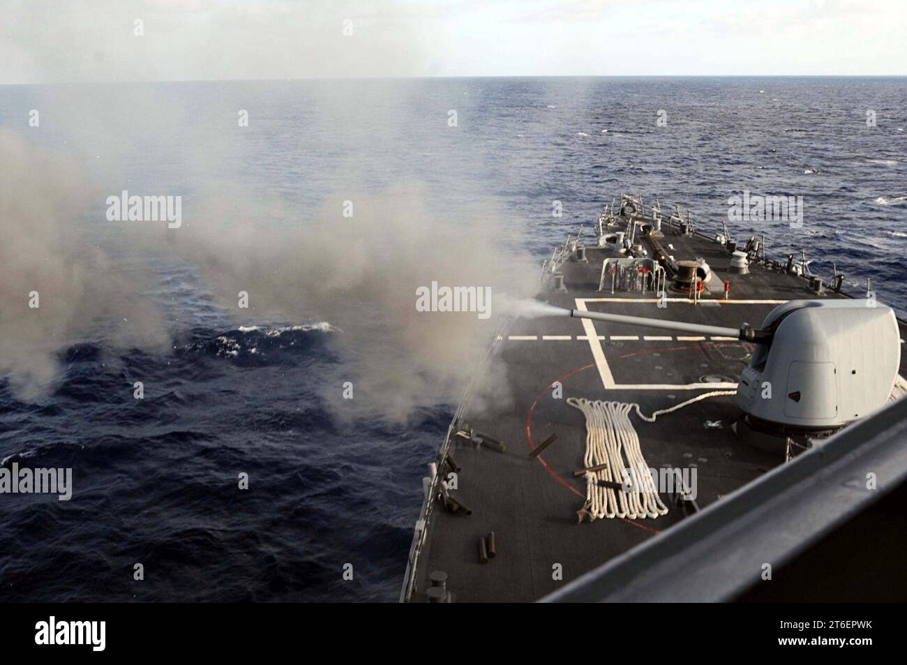 USS Mitscher (DDG-57) firing 5-inch Mark 45-54-caliber gun during ...