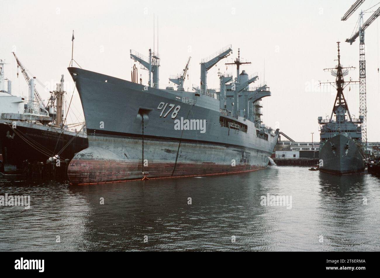 USS Monongahela (AO-178) undergoing overhaul at Norfolk on 7 July 1988 ...