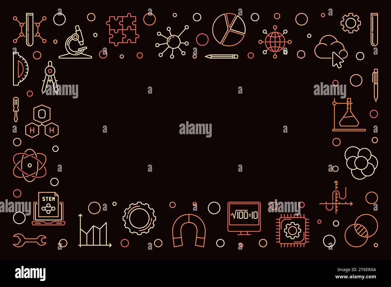 STEM - science, technology, engineering and math horizontal colored frame in thin line style ...