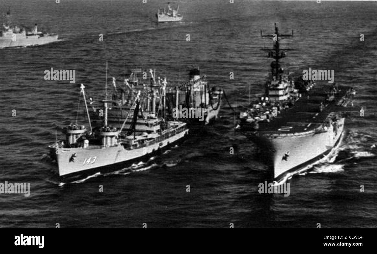 USS Neosho (AO-143) refuels USS Iwo Jima (LPH-2) in the Mediterranean ...