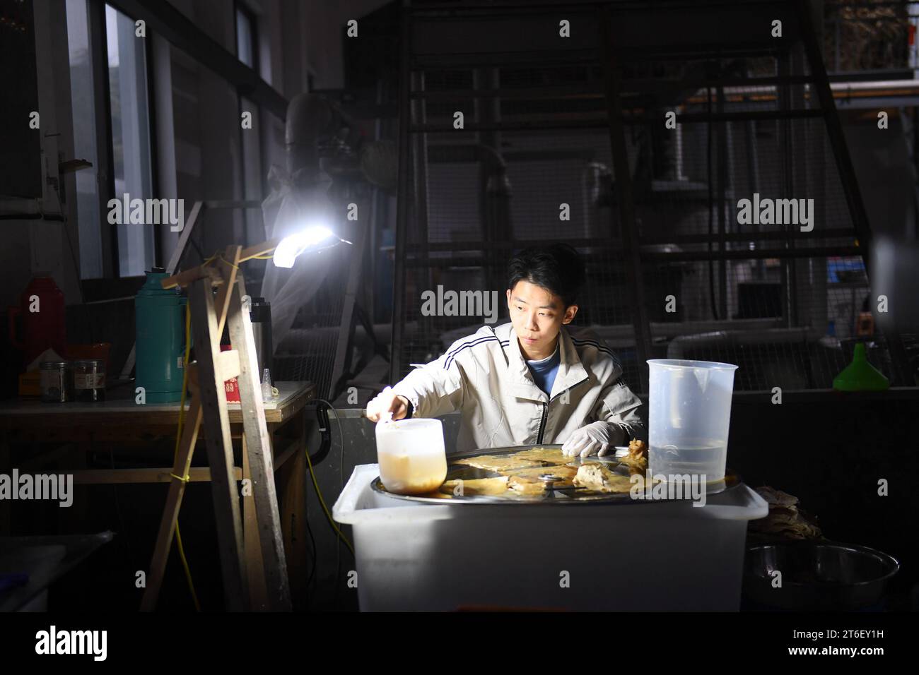 (231110) -- QUZHOU, Nov. 10, 2023 (Xinhua) -- A worker removes ...