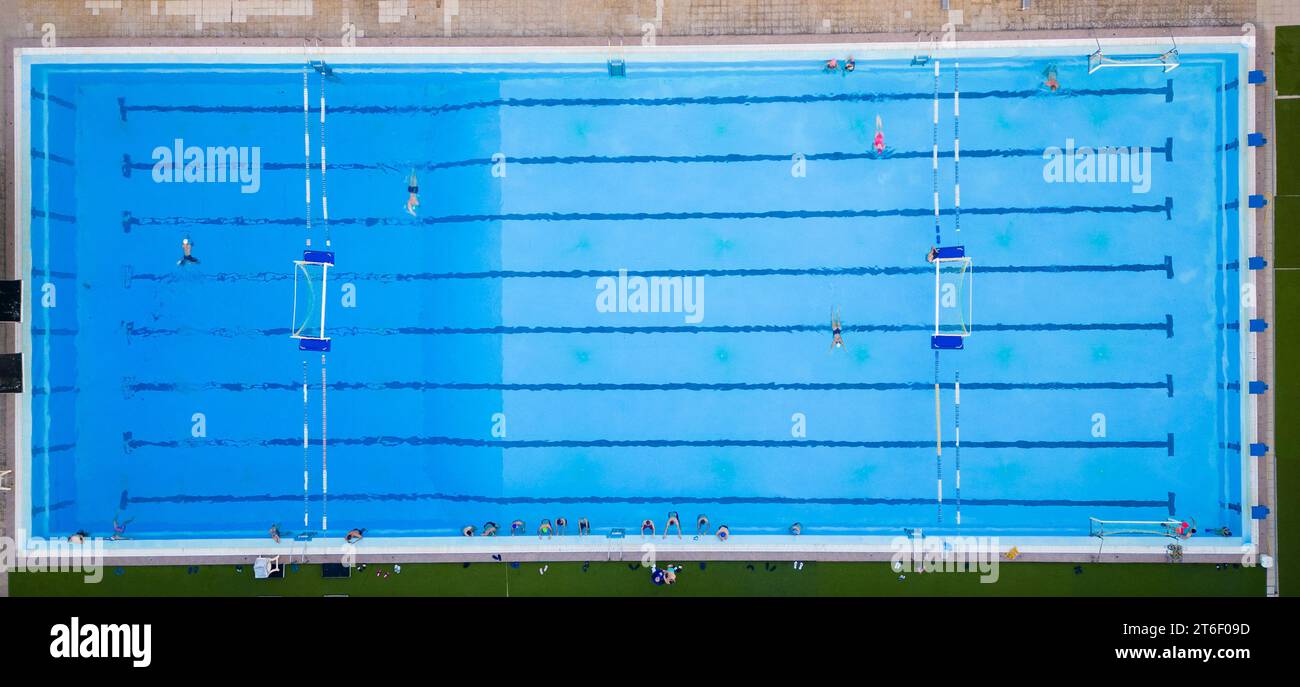 Aerial drone top view of swimming pool with athletes training water ...