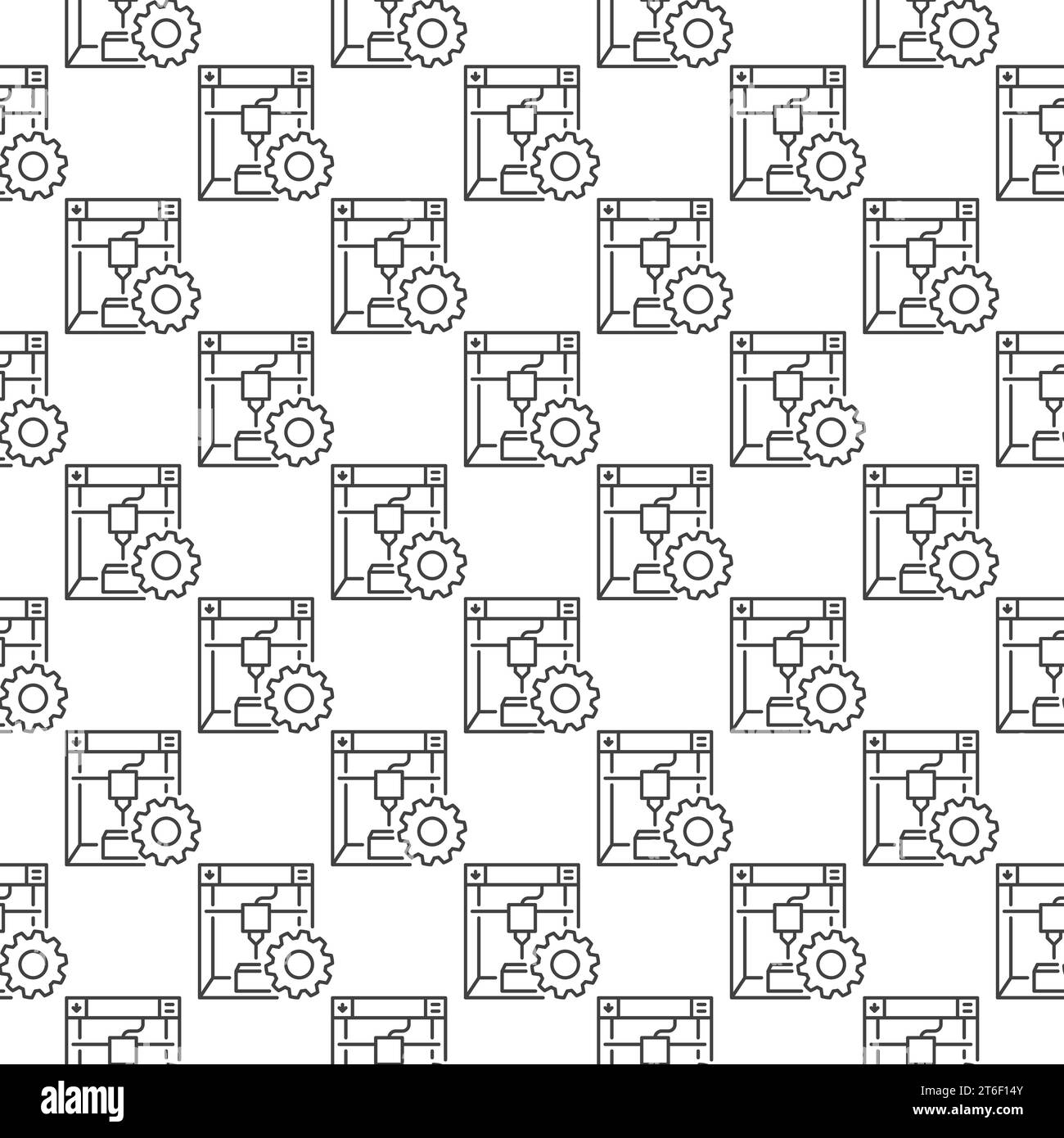 3d Printer with Gear vector outline seamless pattern. Additive ...