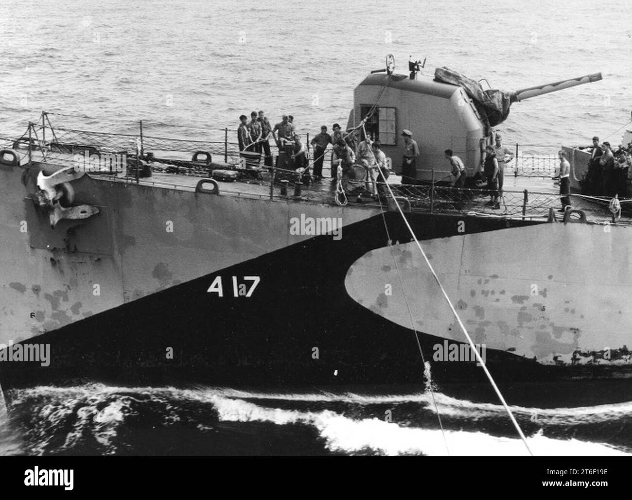 USS Oliver Mitchell (DE-417) port bow closeup during approach to USS ...