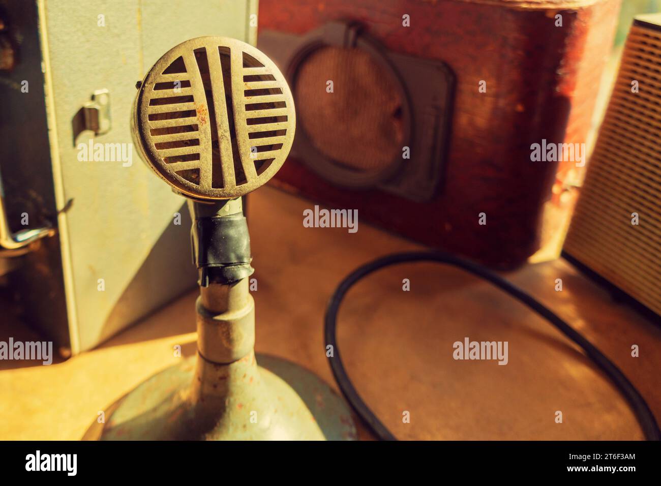 Old metal desktop microphone. Subject for radio broadcasts Stock Photo ...