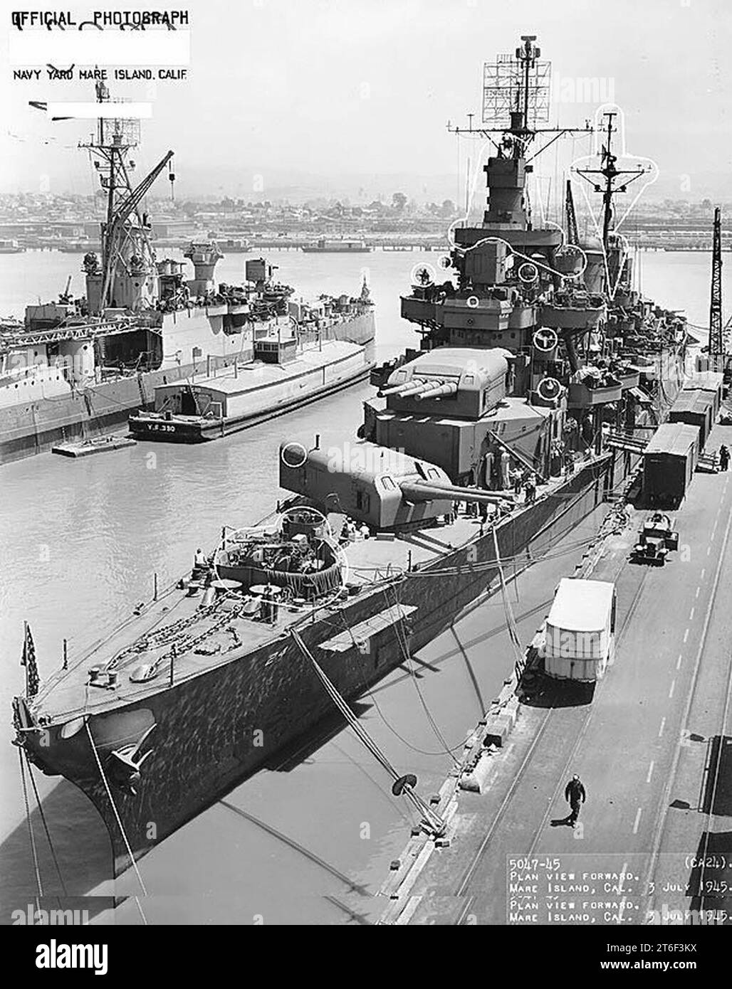 USS Pensacola (CA-24) at the Mare Island Naval Shipyard on 3 July 1945 ...