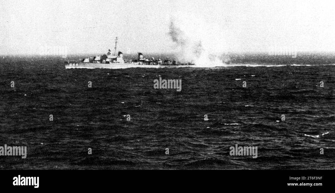 USS Perry (DD-844) dropping depth charges in the Mediterranean Sea ...