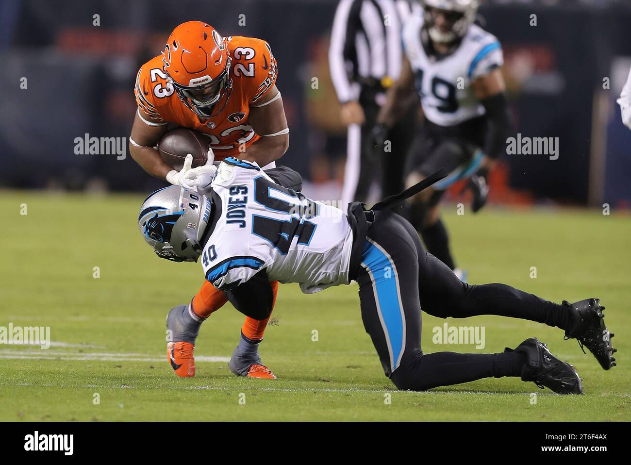 Carolina Panthers linebacker Deion Jones (40) tackles Chicago Bears ...