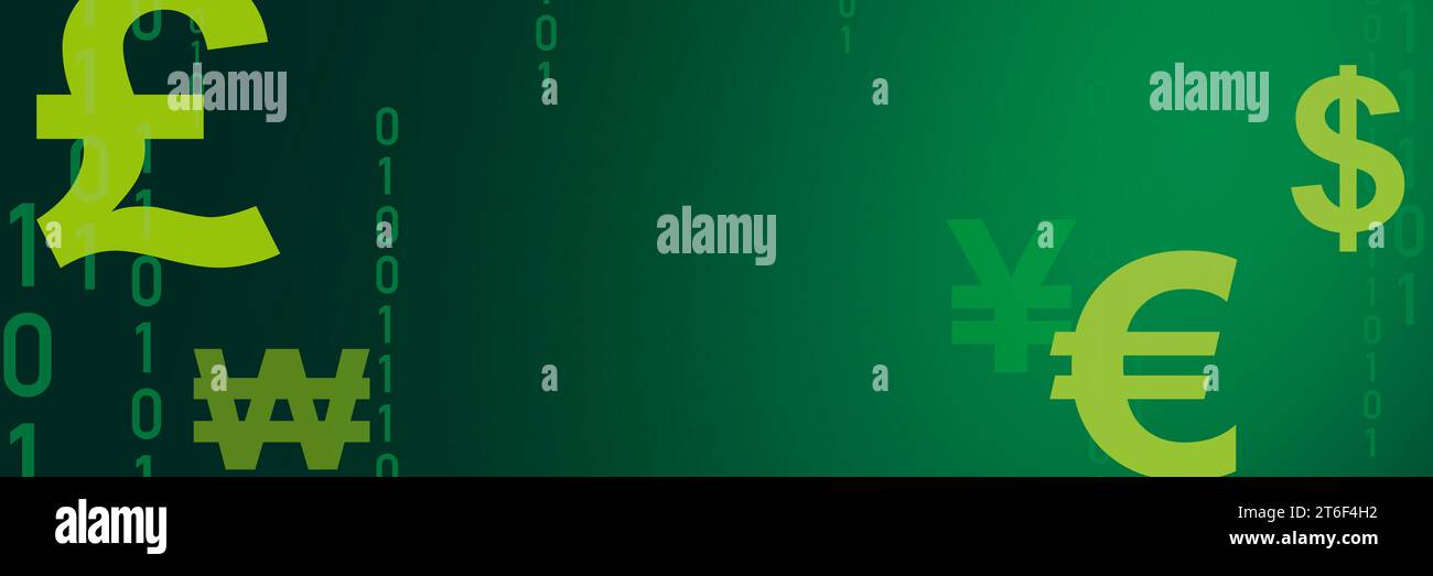 Various currency symbols displayed on a vibrant green background. The ...