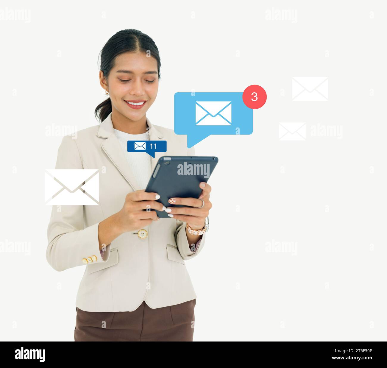 Joyous professional female entrepreneur engrossed in tablet computer ...