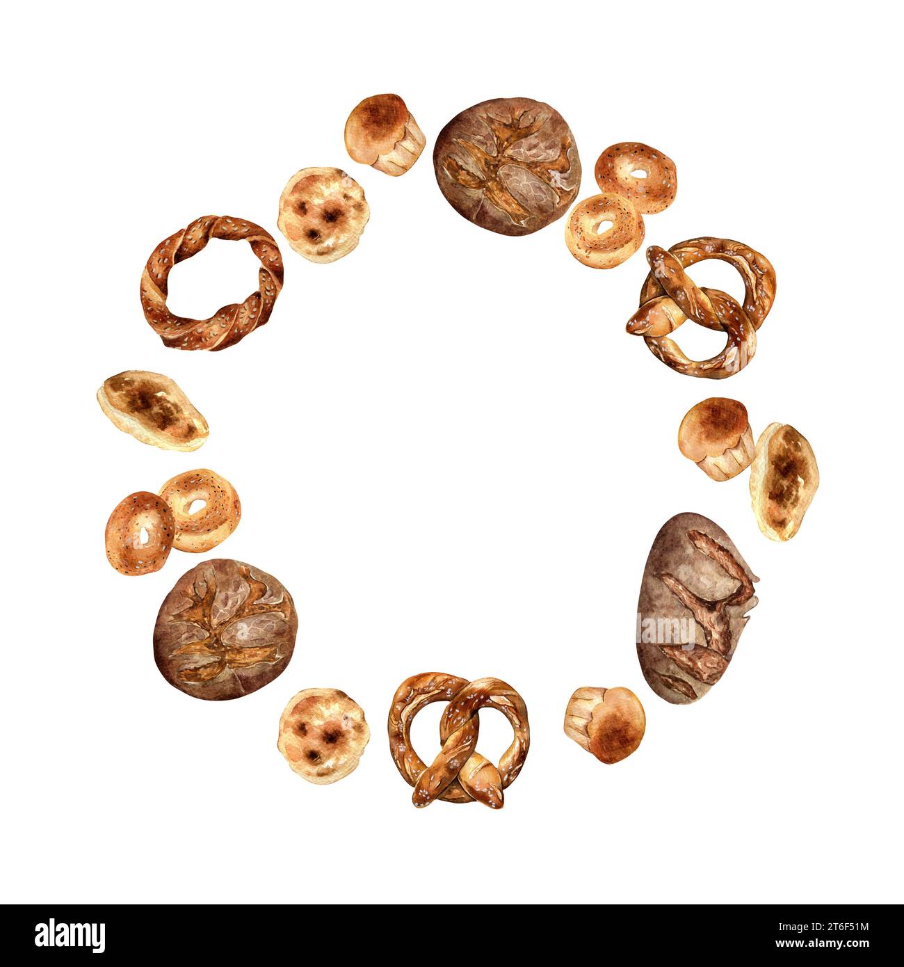 Circle frame of variety bread watercolor isolated on white. Hand drawn ...