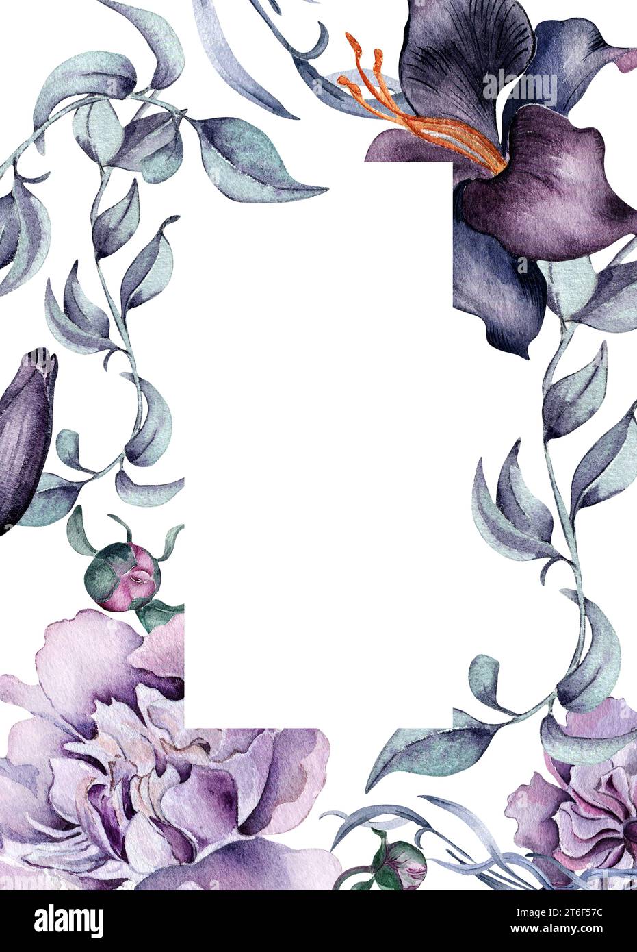 Watercolor frame of purple pink lily flowers isolated on white. Gothic ...