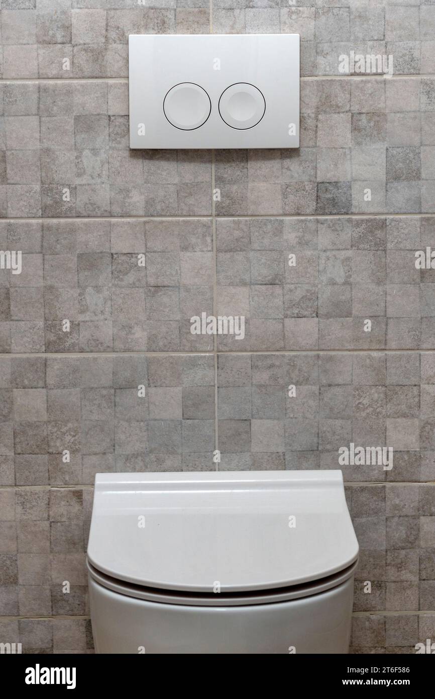 Toilet bowl button on the wall. Copy space. toilet with two separate ...