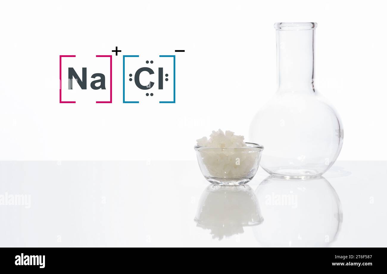 Sea Salt in glass container with molecular structure. Side View Stock ...