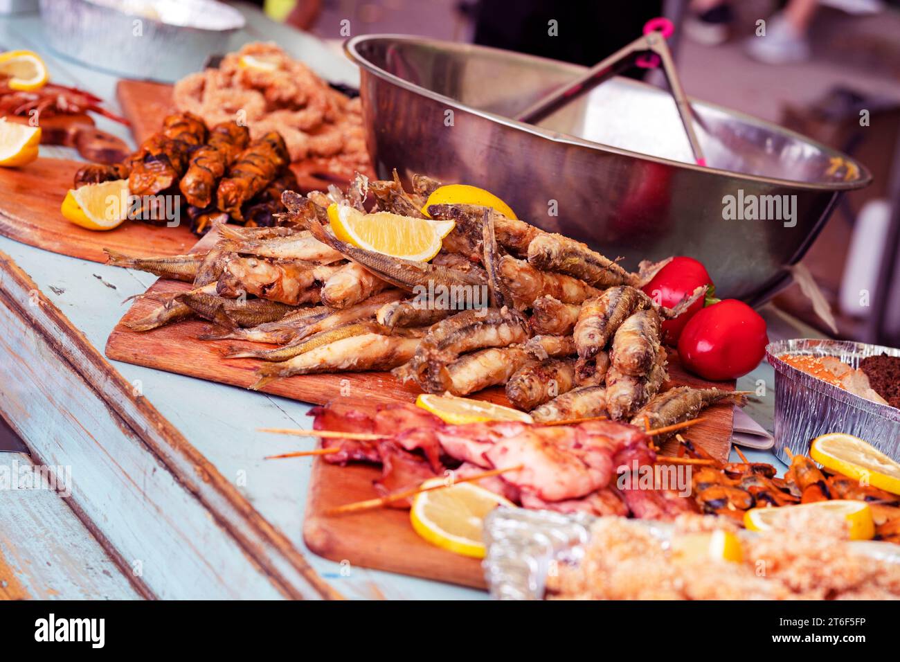 delicious grilled seafood platter. Barbecue seafood with vegetable ...