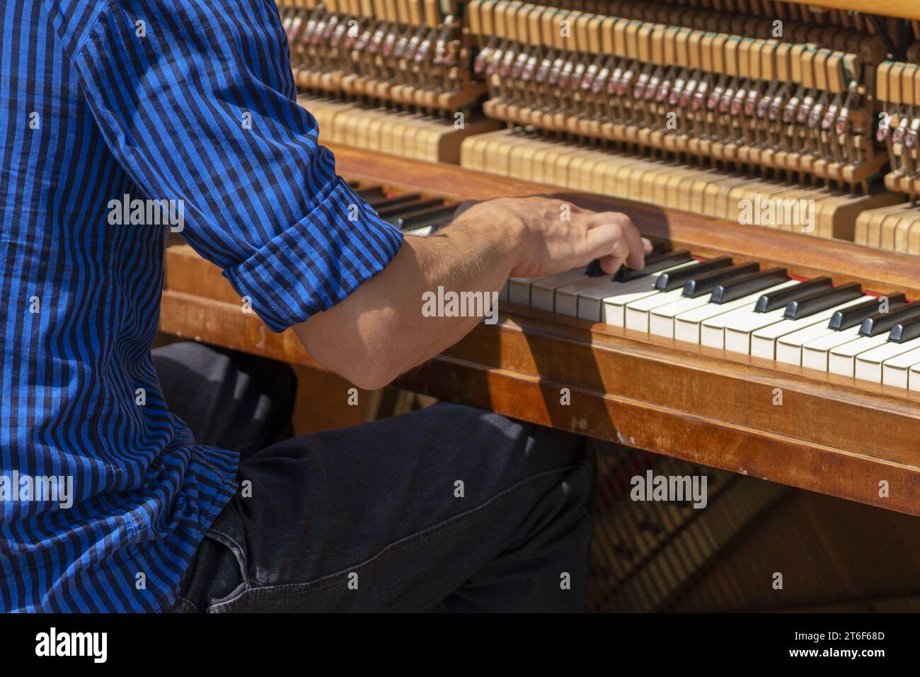 Pianist playing piano.Hands over piano in warm tones.The man plays the ...