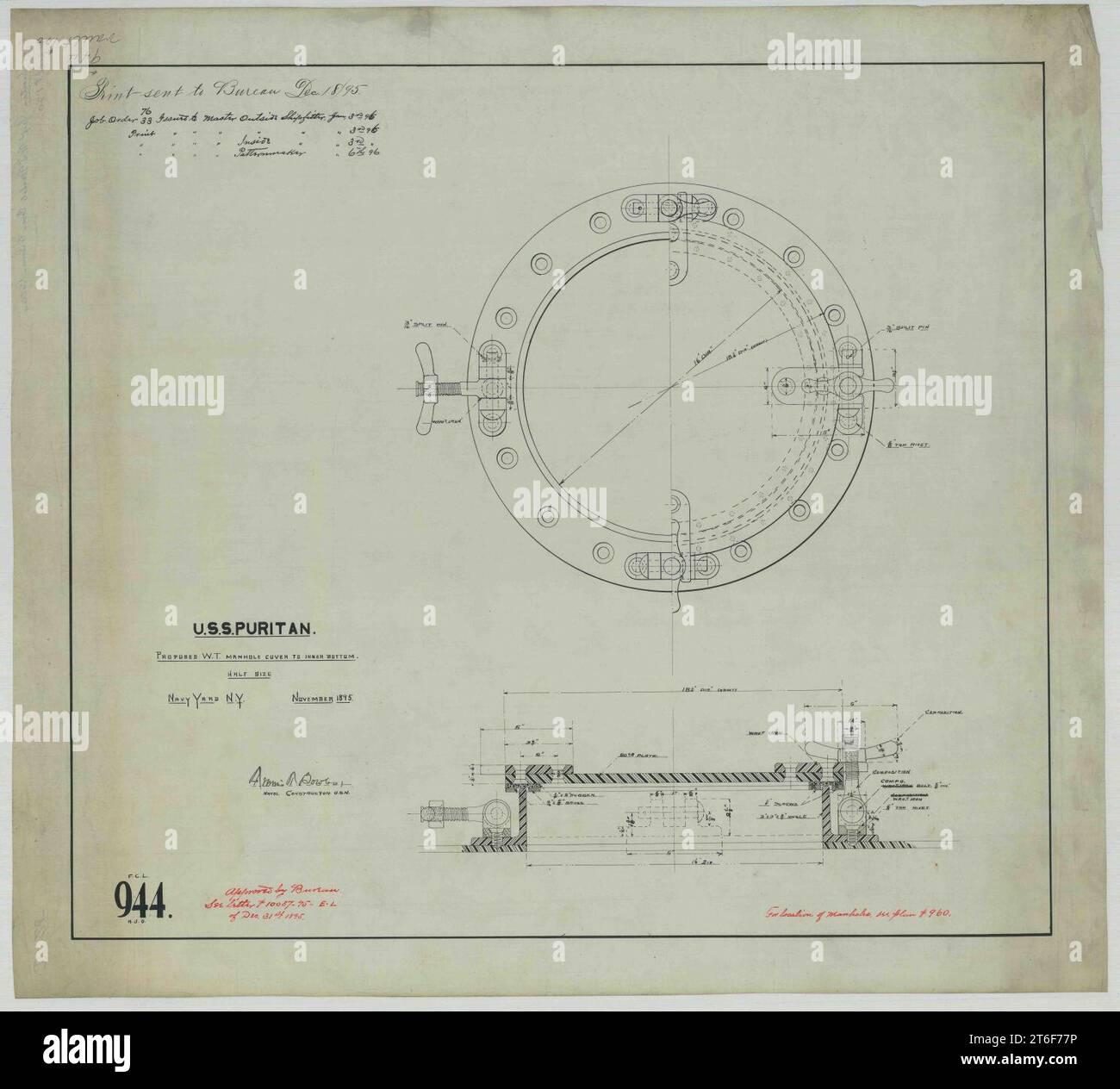 USS Puritan (BM-1)- Proposed W.T. Manhole Cover to Inner Bottom Stock ...
