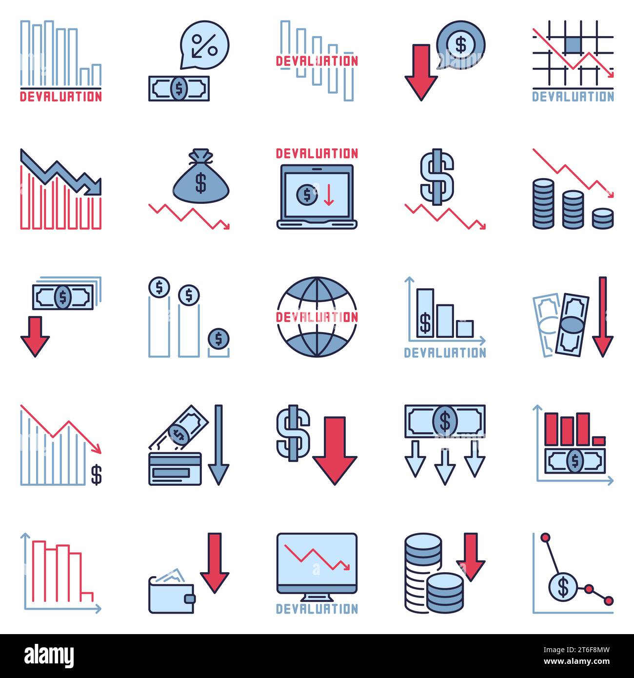 Devaluation Colored Icons Vector Set Of Economic Problems And Currency Depreciation Concept