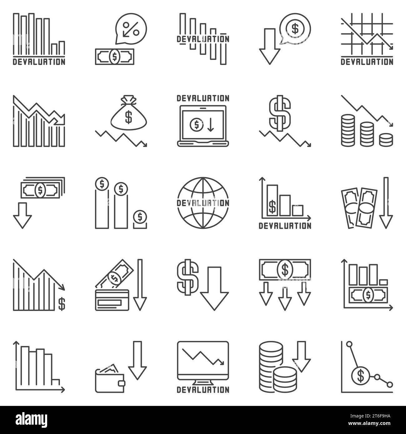Devaluation outline icons set - Currency Depreciation and Financial ...
