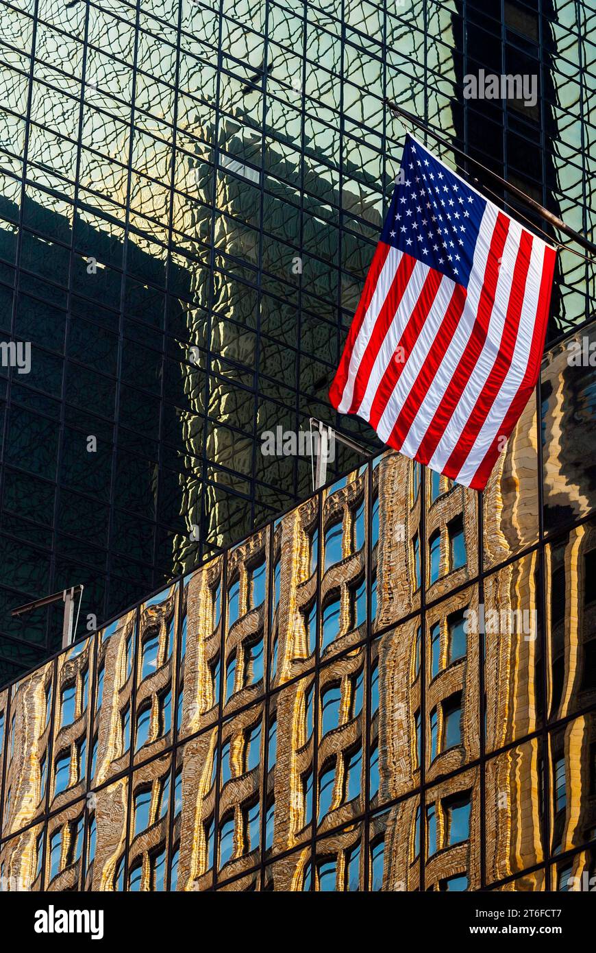 Reflections in glass facades, us national flag, stars stripes ...