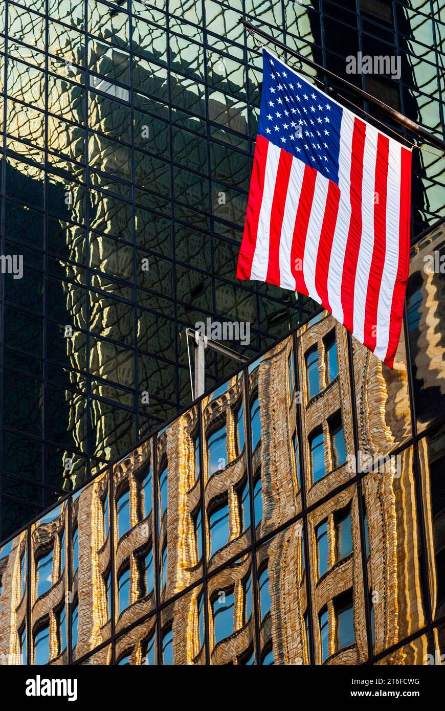 Reflections in glass facades, us national flag, stars stripes ...