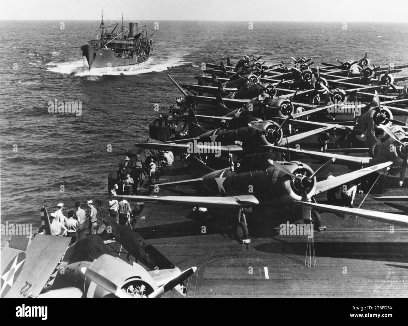 USS Sabine (AO-25) approaches USS Enterprise (CV-6) for refueling on 11 ...
