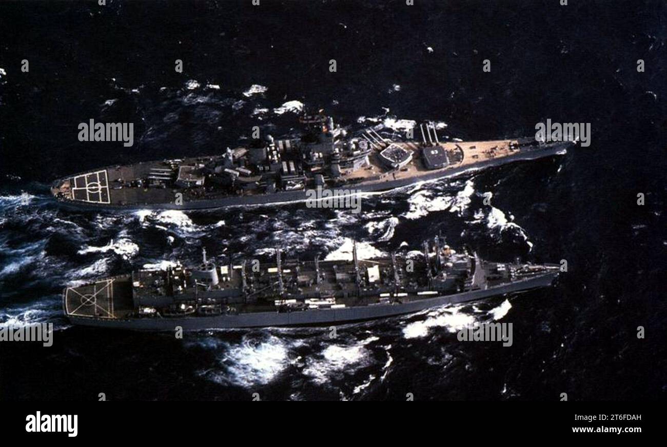 USS Sacramento (AOE-1) replenishes USS Missouri (BB-63), circa in 1991 ...