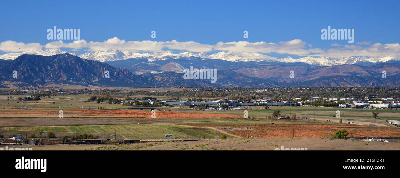 Boulder FlatIrons and snow-capped front range of colorado rocky ...