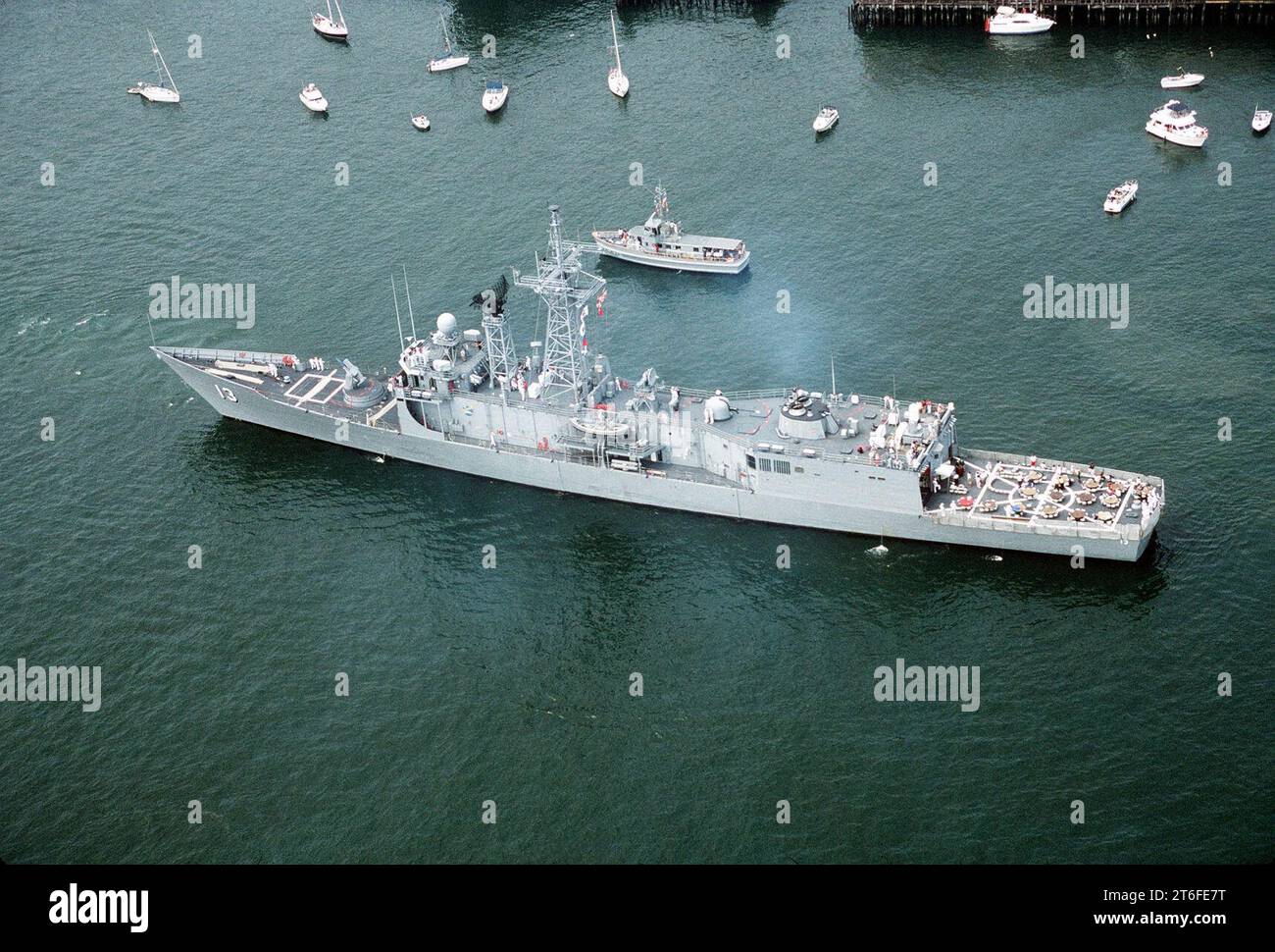 USS Samuel Eliot Morison (FFG-13) anchored in Boston harbor on 4 July ...