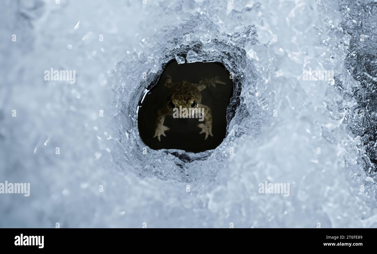 Frog emerges from frozen lake Stock Photo - Alamy