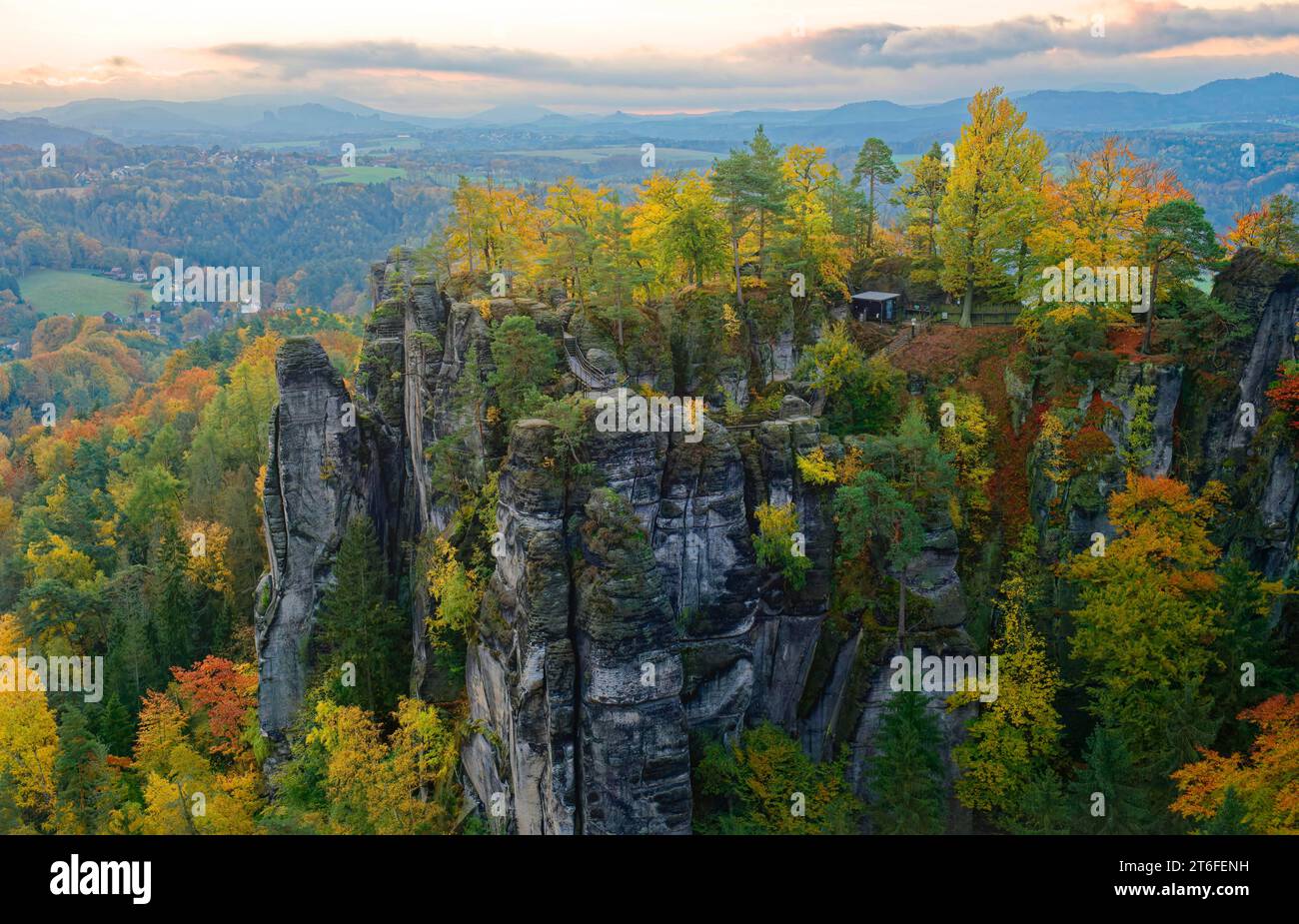 View from the Ferdinandstein to the rock castle Neurathen, Bastei ...