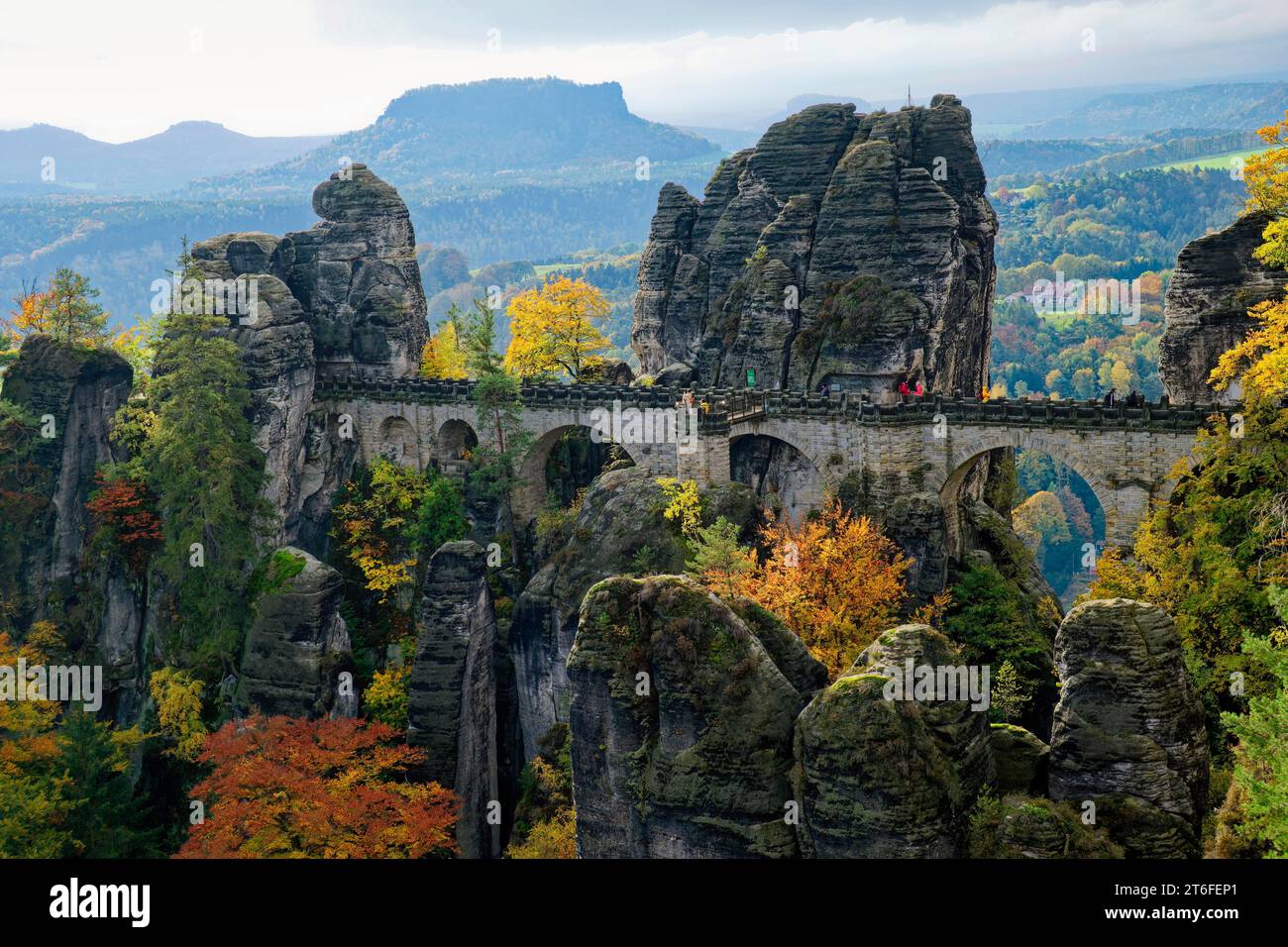 View from the Ferdinandstein to the Bastei bridge, Bastei, Lohmen ...