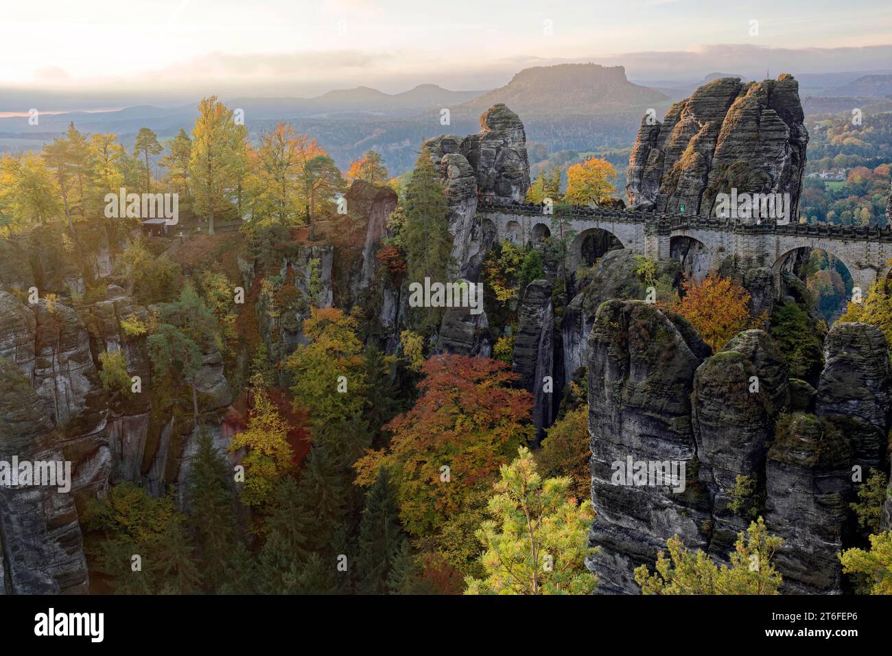 View from the Ferdinandstein to the Bastei Bridge and the rock castle ...
