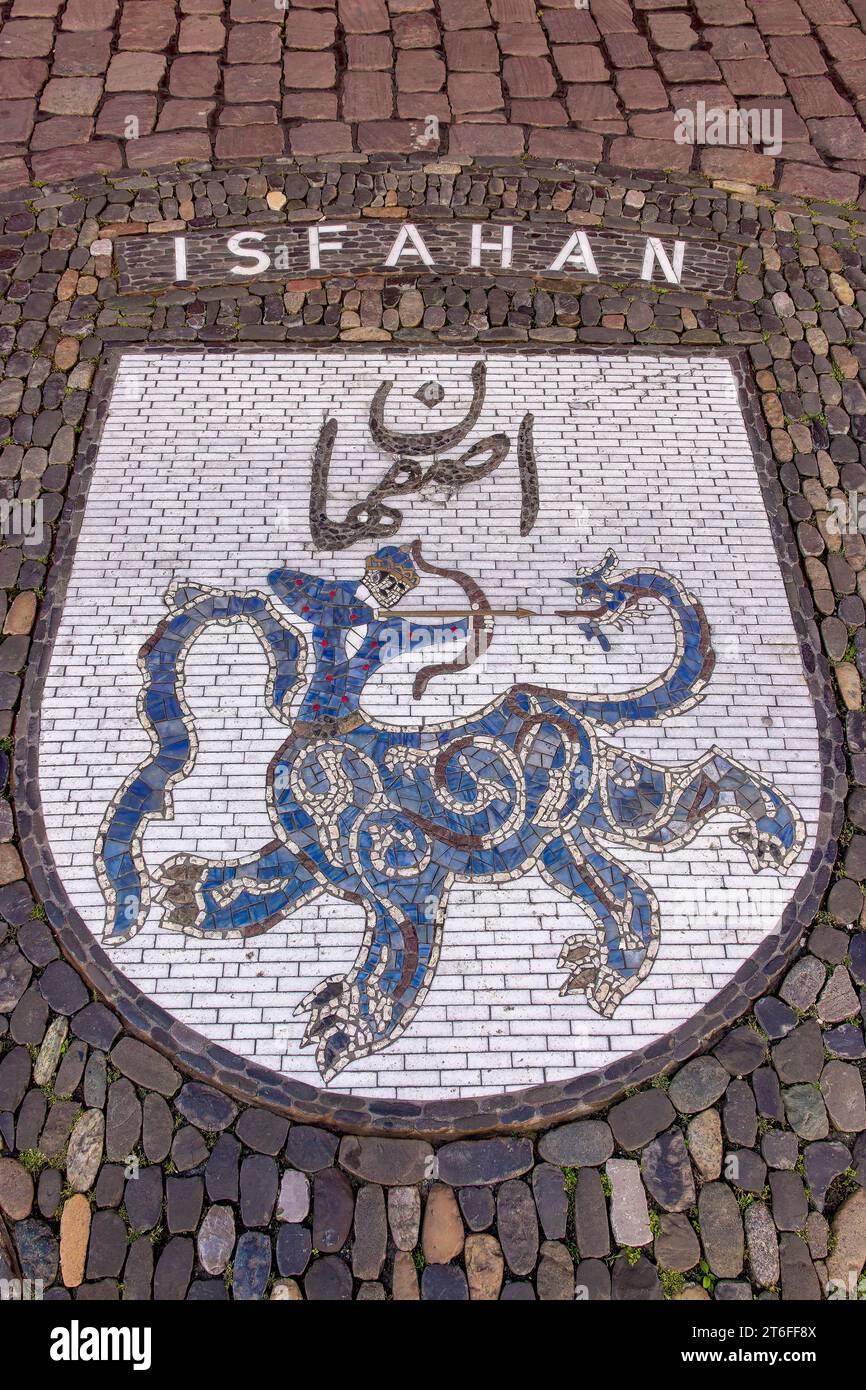 Isfahan, Iran, coat of arms of the twin cities as a mosaic in front of ...